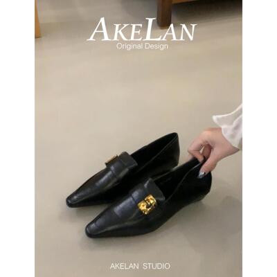 羊皮版~黑色加绒一脚蹬小皮鞋女秋法式坡跟通勤小众方头浅口单鞋