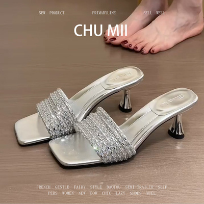 羊皮版~银色高跟鞋女水钻凉拖鞋