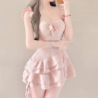 甜美少女连体裙式遮肚显瘦泳衣女