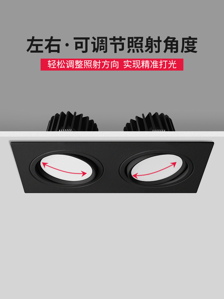 黑色吊顶筒灯嵌入式可调格栅长方形斗胆灯双孔双头开孔20*10cm