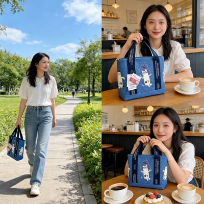 日本Kusuguru正品刺绣眼镜猫手提包托特包手拎包隔层包通勤包500