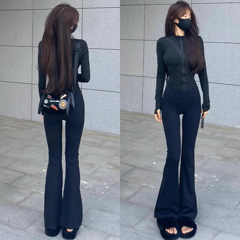 黑色冰丝鲨鱼喇叭裤女款2025外穿夏季薄款速干高腰收腹修身瑜伽裤