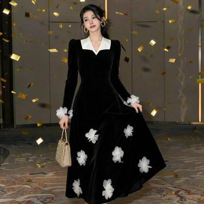 连衣裙立体花复古优雅年会约会裙