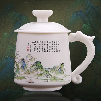 高端羊脂玉瓷青绿江山茶杯