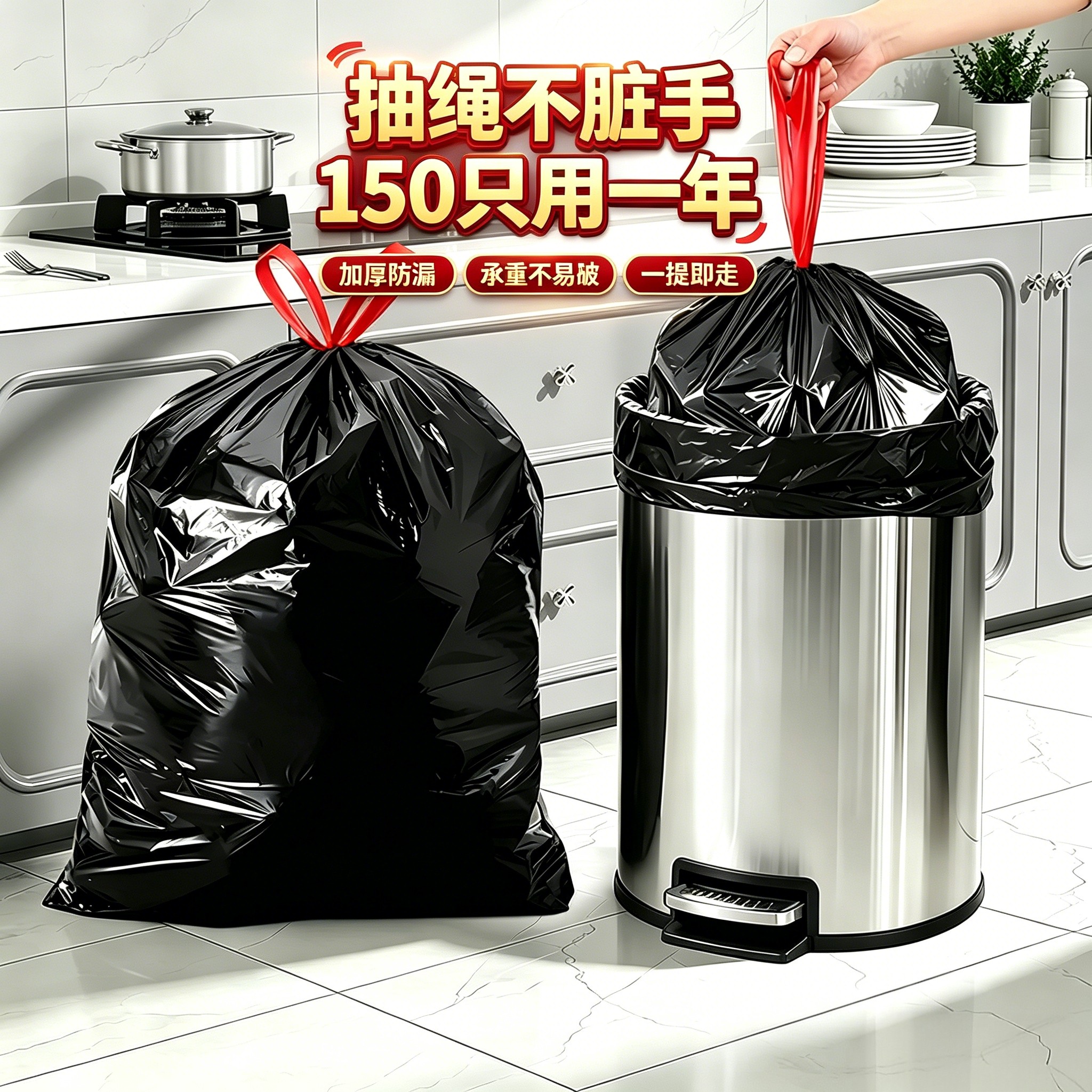 黑色抽绳垃圾袋加厚大号50×60家用厨房手提式收口塑料袋商用物业