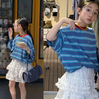 夏款女童蓝色条纹撞色领T恤