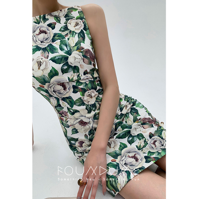 夏装新款复古印花收腰显瘦连衣裙