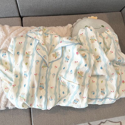 蓝色小熊睡衣女款春秋夏季云朵棉短袖短裤套装卡通可爱出门家居服