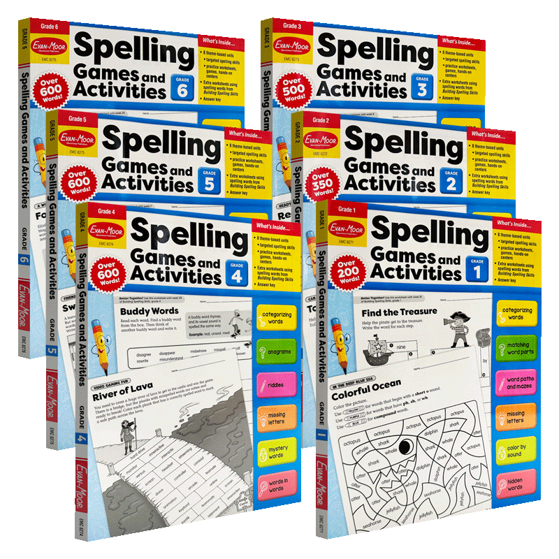 Evan-Moor Spelling Games and Activities Grade 1-6  拼写游戏和活动（教师版） 美国加州教辅 evanmoor 原版进口少儿英语