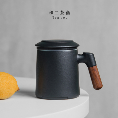 和二茶斋泡茶杯茶水分离陶瓷带盖过滤男士木柄办公室个人专用杯子