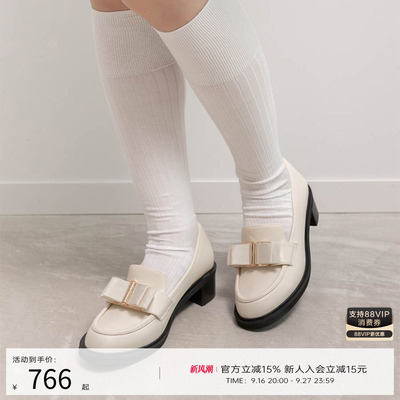 RANDA 25秋季新款蝶结饰件增高粗跟圆头优雅乐福鞋 PH36163