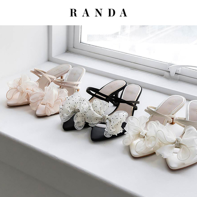 RANDA 26夏季新款雪纺花朵蝴蝶结清楚系尖头穆勒凉鞋女 PS37256