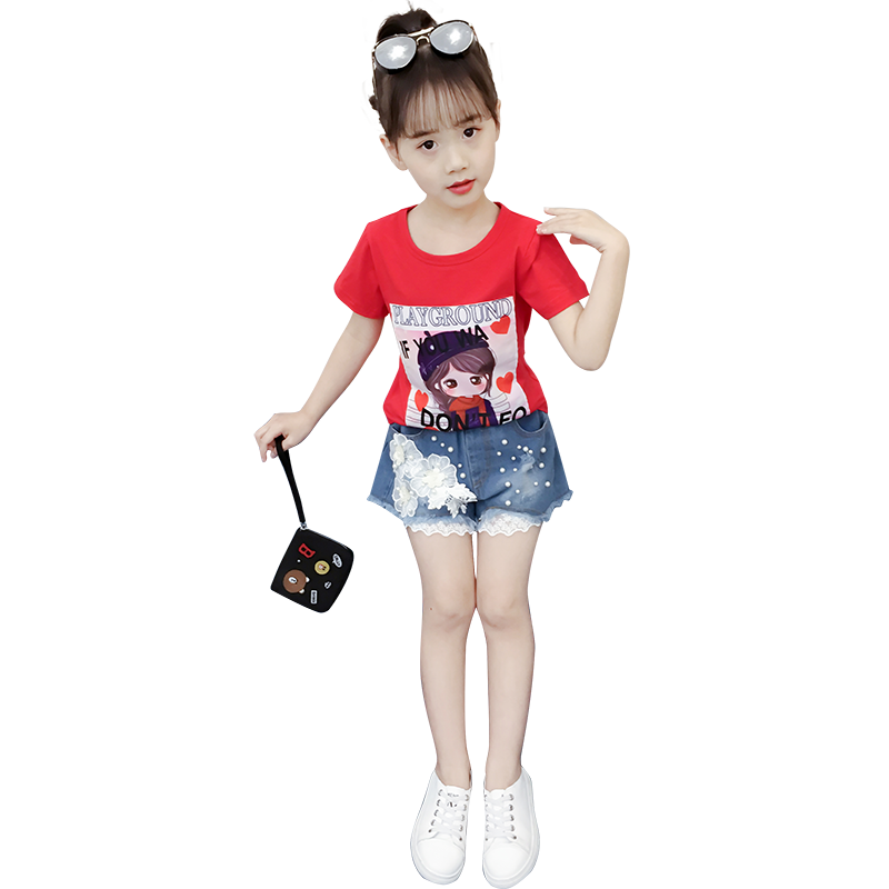 女童夏装套装2024新款儿童装夏季短袖小女洋气时髦牛仔短裤两件套_虎窝淘