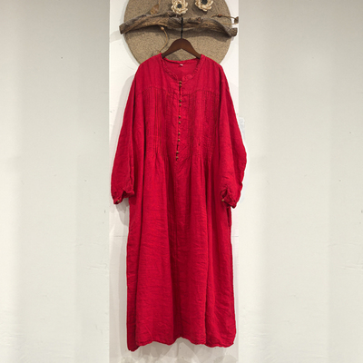 高端亚麻长款连衣裙2025冬新款女宽松显瘦长裙减龄文艺风琴褶袍子