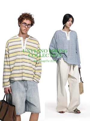 Unvesno(UN)都市轻休闲条纹针织棉抽绳绑带亨利领上衣