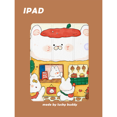 第2件半价插画iPad保护壳可爱猫咪兔兔苹果三折360旋转亚克力笔槽pro13寸112.9air610.9mini磁吸平板套华为壳
