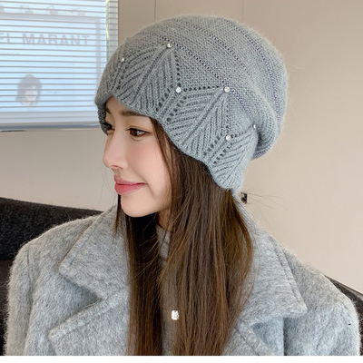 冬季兔毛堆堆帽女钻缀轻奢保暖显脸小头围保暖针织帽简约百搭冷帽
