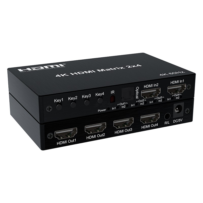 高清HDMI 2x4矩阵二进四出分配切换器3D光纤立体声音频分离4K60hz