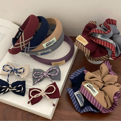 新款蝴蝶结斜纹布标英文发箍鸭夹