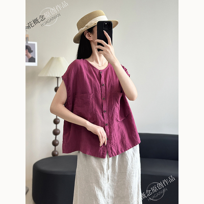 花概念设计感圆领亚麻无袖衬衫