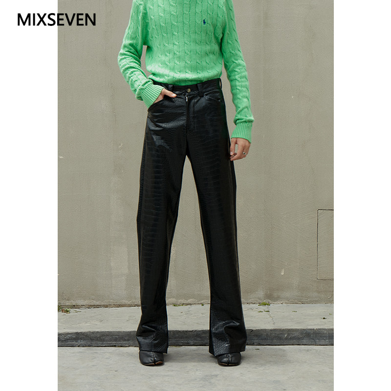 MIXSEVEN原创秋冬新款鳄鱼纹高腰直筒皮裤男黑色侧开叉设计长裤潮