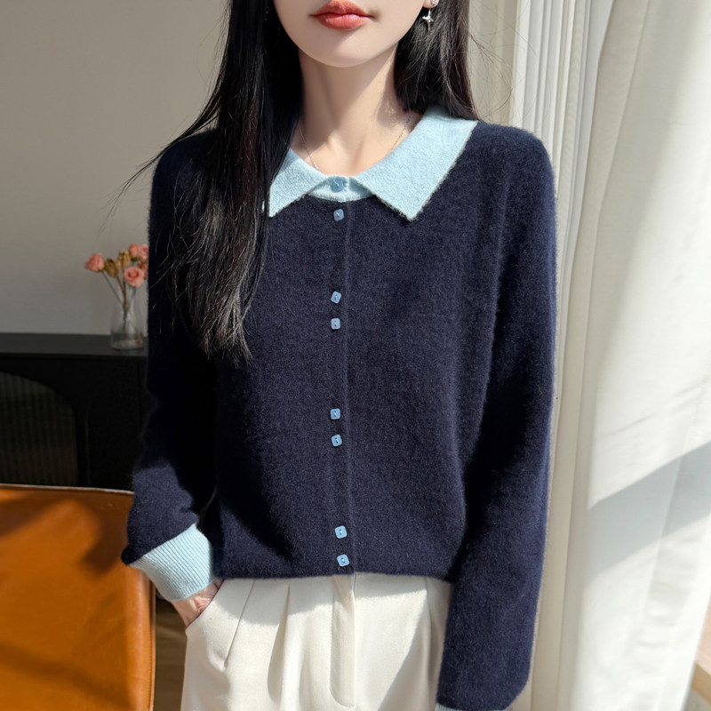 2026春秋新款法式撞色假两件POLO领针织开衫女翻领精纺细羊毛外套
