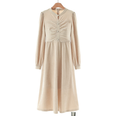 669西湖阁老【兰】冬装 珍珠扣收褶过膝丝绒立领连衣裙152