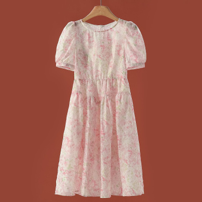 699西湖阁老【桑S】夏装 圆领印花泡泡袖大裙摆假两件连衣裙302