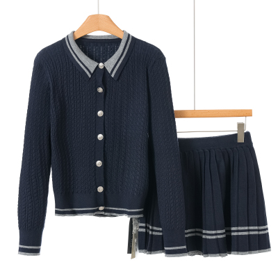 669 35%粘纤【兰】春装 翻领开衫针织衫+百褶半裙套装694