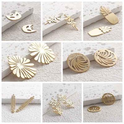 DIY饰品黄铜配件几何图形花树叶面具镀金银古色自然挂件(4903C)