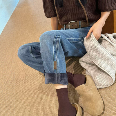 冬新款蓝色加绒加厚牛仔裤女高腰