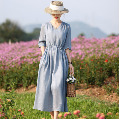 新款原创女装v领文艺连衣裙苎麻