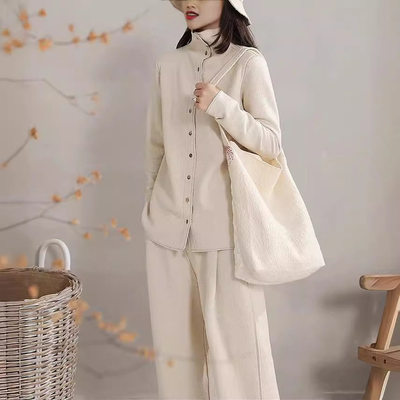 2025春秋款文艺女装蓬松柔软空气层拼色设计高领外套拼色设计长裤