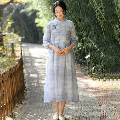 连衣裙女复古盘扣大摆裙气质长裙