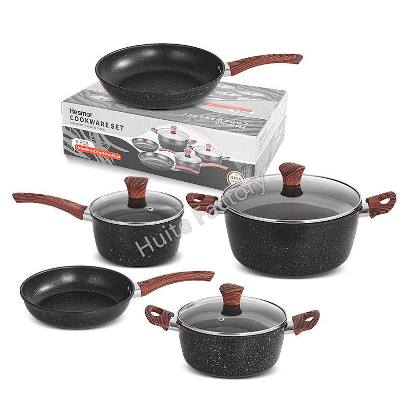 跨境麦饭石套锅木纹柄奶锅汤锅烹饪不粘锅具套装炊具nonstickpot