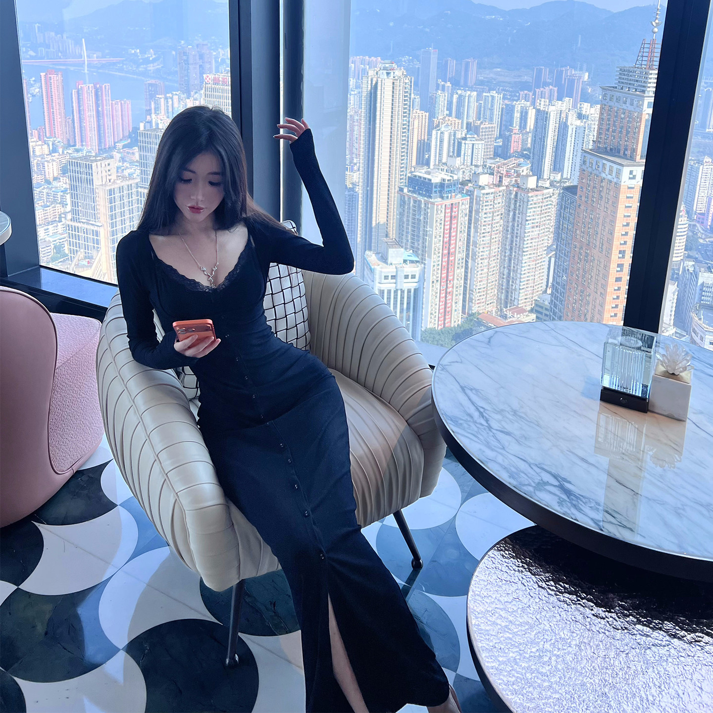 熊熊屋【天生超模】女神sk1m*假两件蕾丝bra修身包臀连衣裙长裙