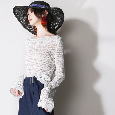 超美珠光微透镂空直筒高腰针织衫