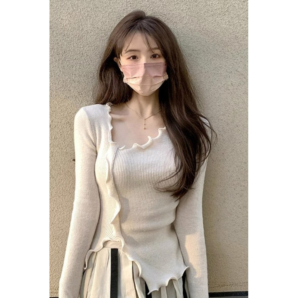 设计感木耳边长袖针织打底衫秋季女装新款不规则开叉独特别致上衣