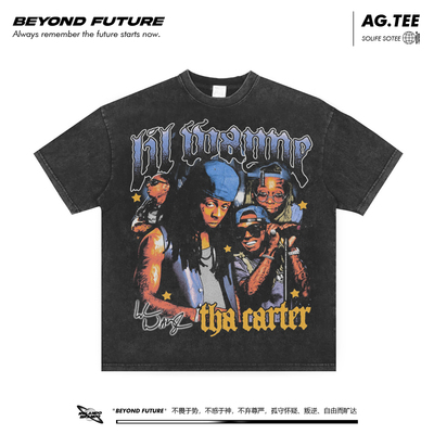 LilWayne美式休闲复古做旧水洗宽松嘻哈男女短袖T恤打底上衣新款