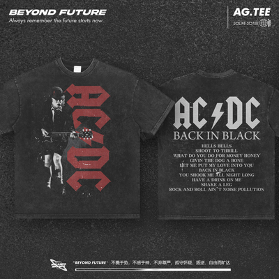ACDC摇滚乐队美式高街水洗旧复古宽松中性Vintage短袖T恤oversize