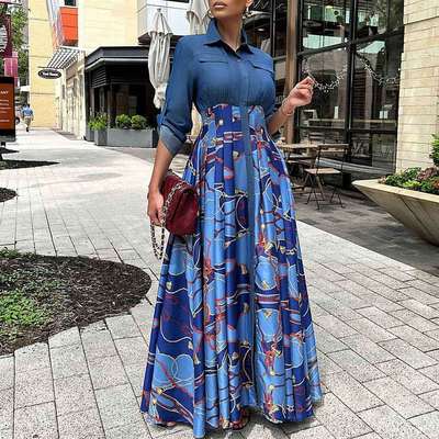 New plus size women fashion printed casual denim long dress