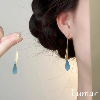 S925纯银森系长款蓝白树叶耳环女