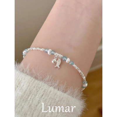 S925纯银碎银子海蓝宝小鱼手链女