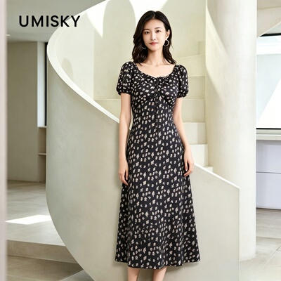 umisky优美世界专柜同款夏季优雅碎花a字连衣裙SM2D1032
