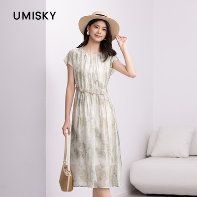 umisky优美世界专柜同款夏季清新碎花收腰短袖连衣裙SM2D1026