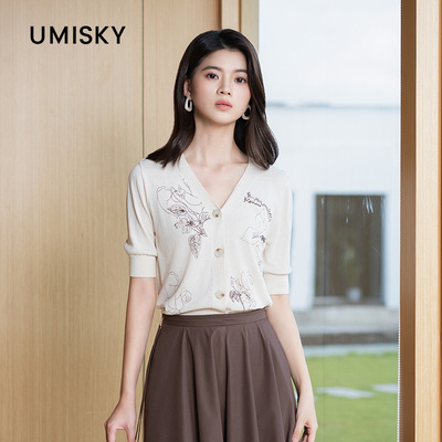 umisky优美世界专柜同款夏季V领刺绣短袖针织开衫外套SM2S2852