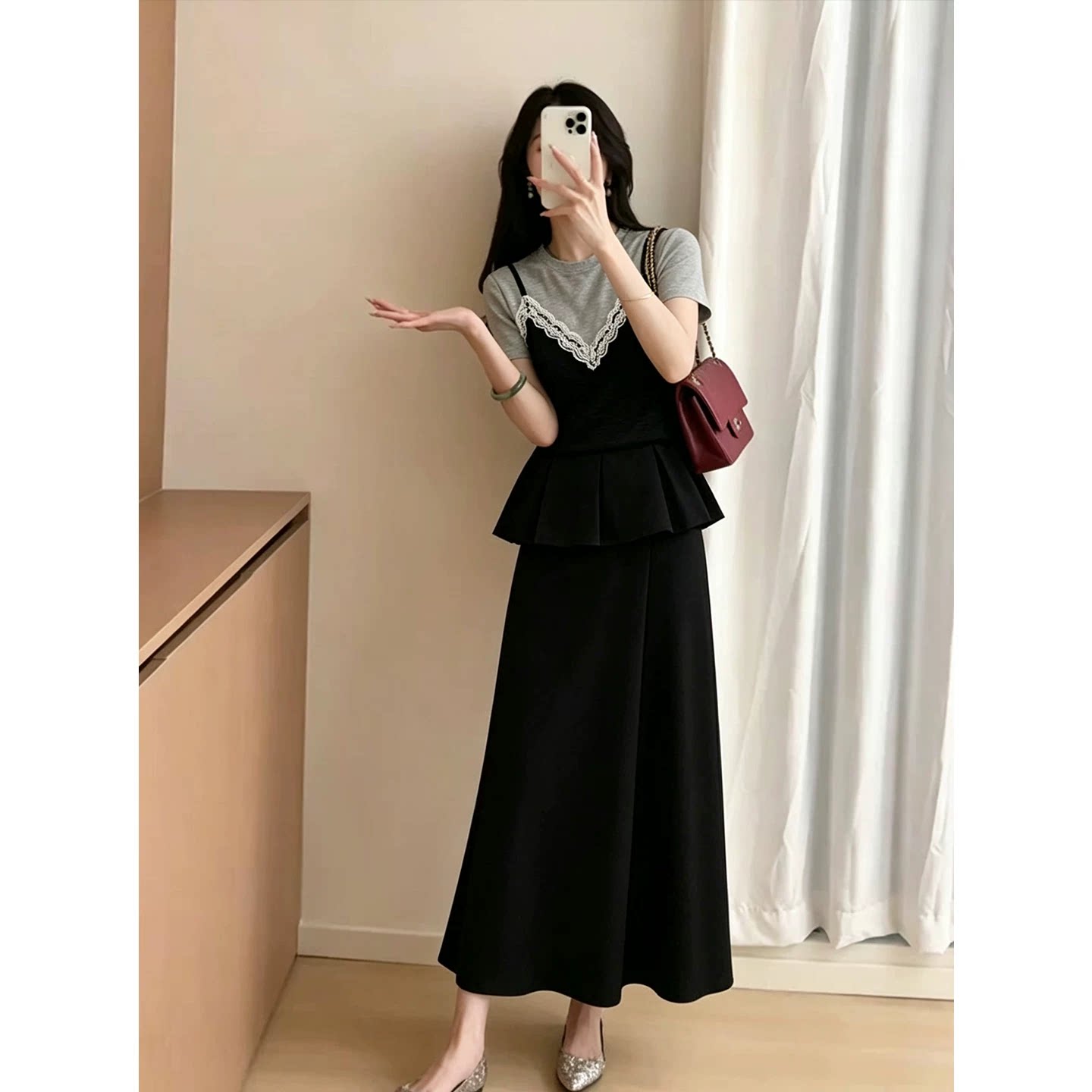 洋气女装高级感韩系减龄假两件短袖上衣半身裙时尚套装夏装