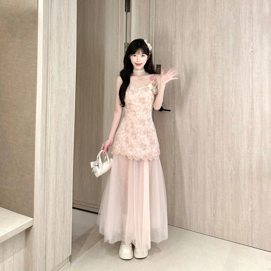 桔梗house 花间甜梦 法式甜美风碎花收腰吊带连衣裙网纱拼接裙