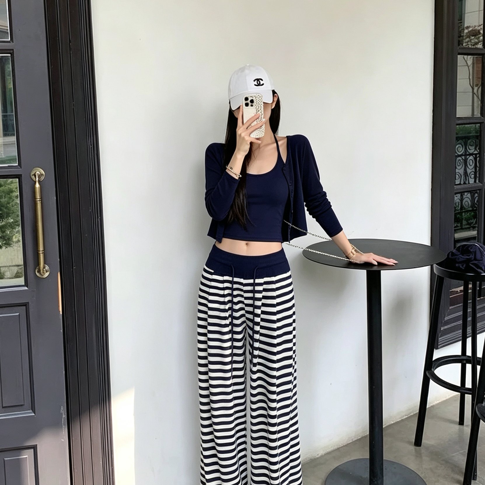 韩系短款长袖开衫内搭修身吊带女夏季辣妹套装条纹阔腿长裤三件套