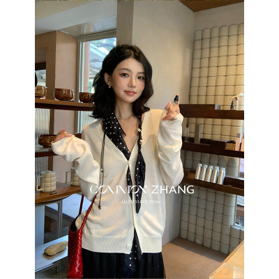 CZ ZHANG春学院风长袖针织开衫女甜美纯色外搭打底衫+领结 C15576